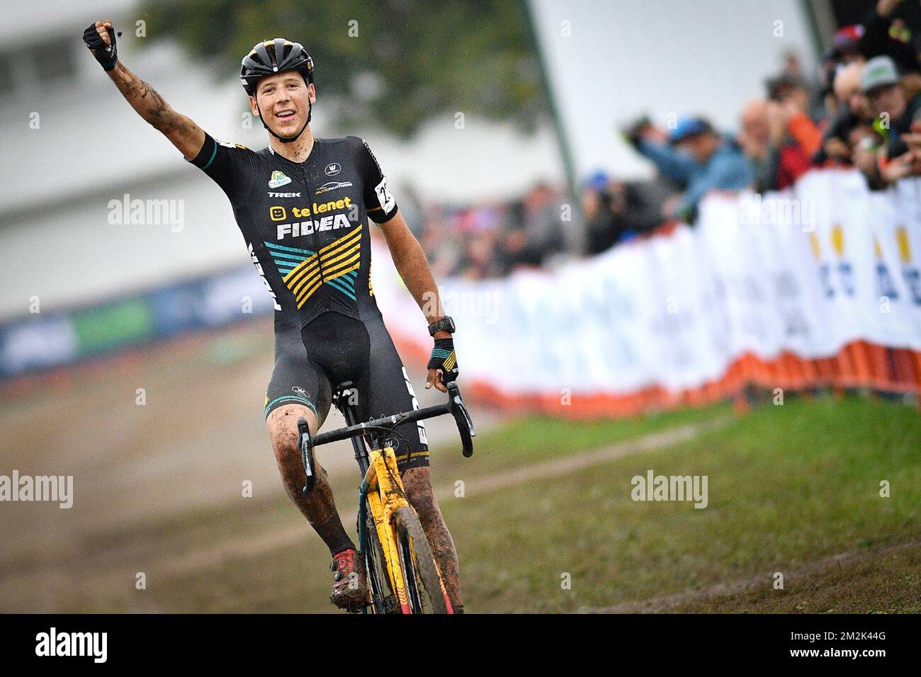 Belgian Nicolas Cleppe celebrates as he crosses the finish line to win ...