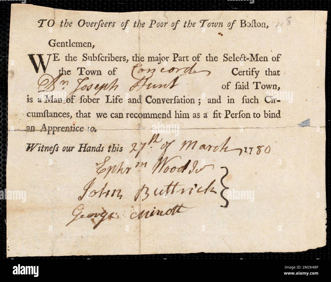 Document of indenture: Servant: Baister, Mary. Master: Hunt, Joseph ...