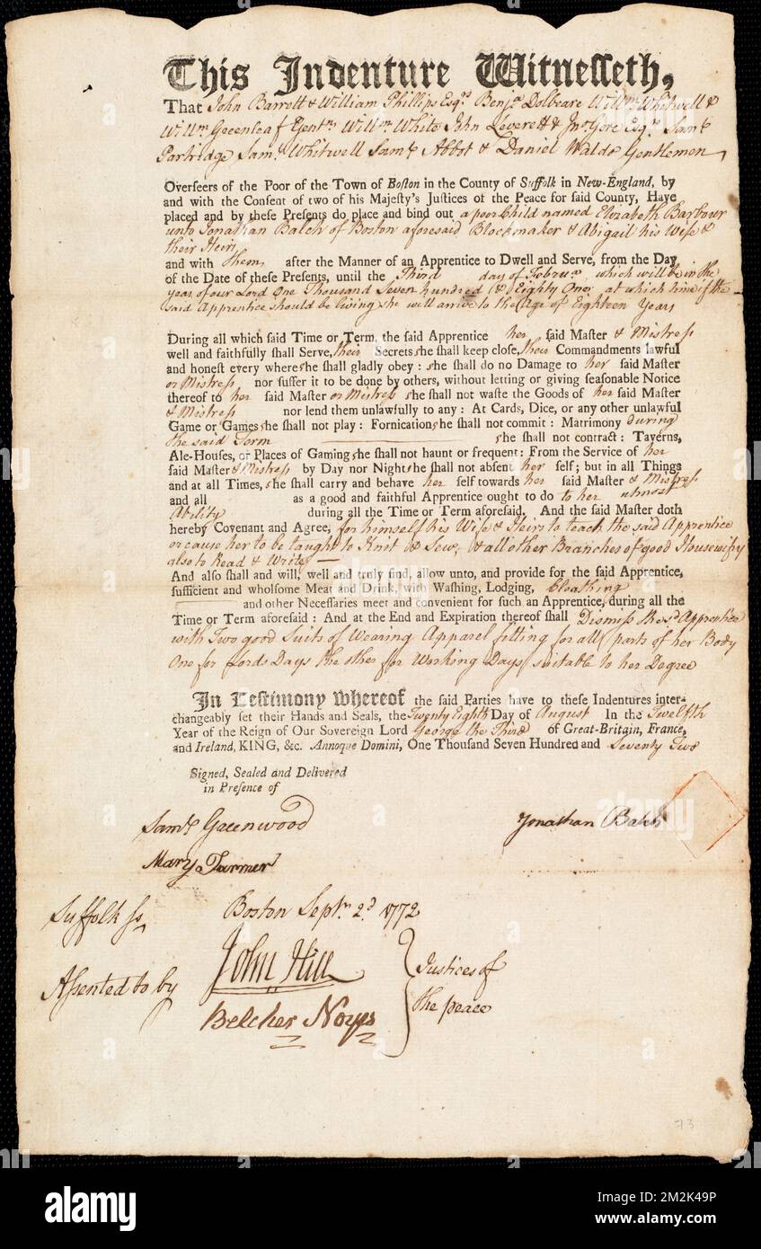 Document of indenture: Servant: Barbour, Elizabeth. Master: Balch ...