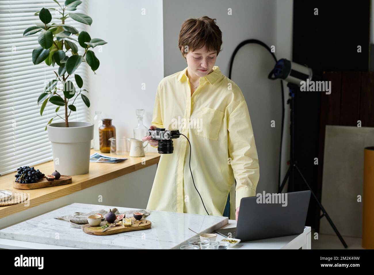 Young photographer connecting camera with laptop to watch her photos ...