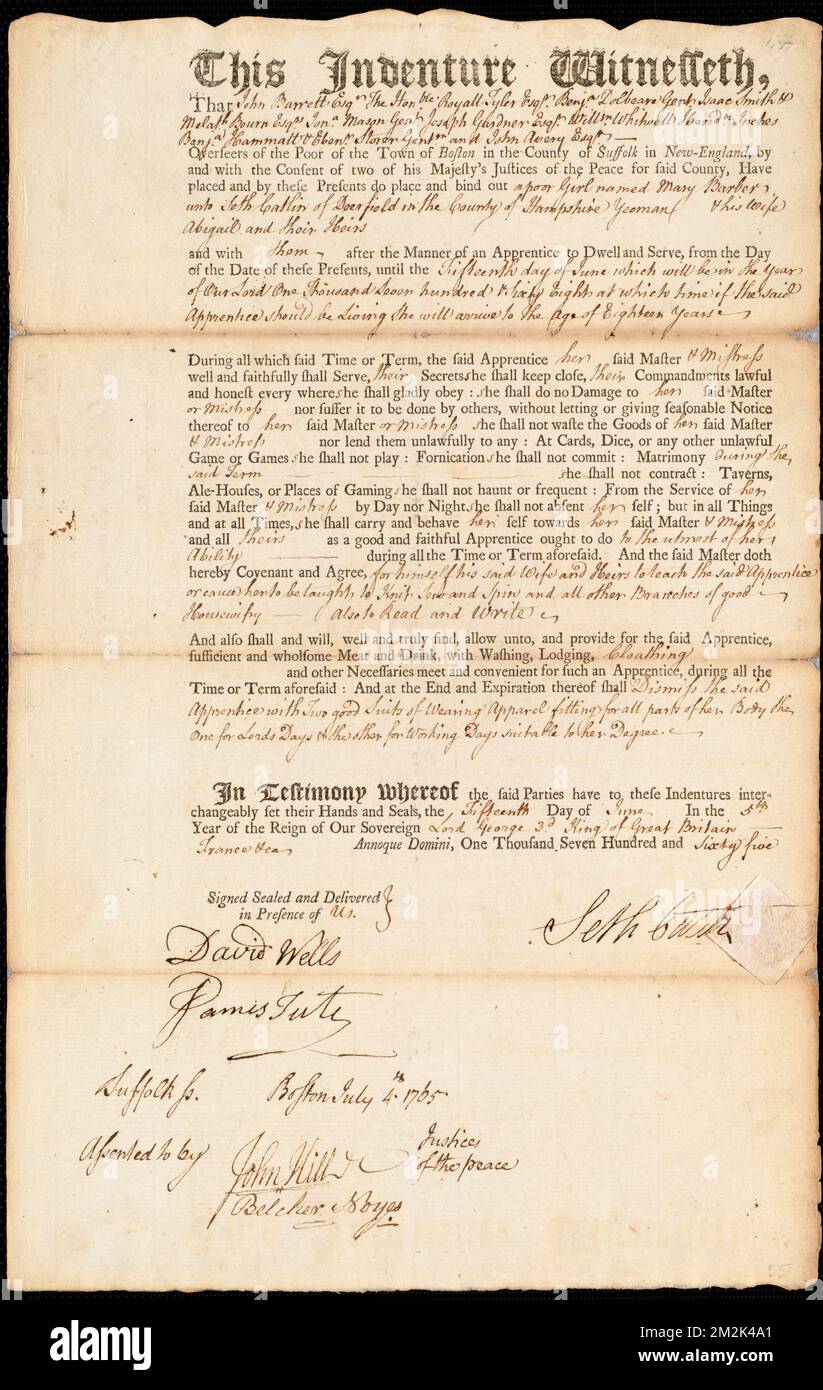 Document of indenture: Servant: Barber, Mary. Master: Catlin, Seth ...