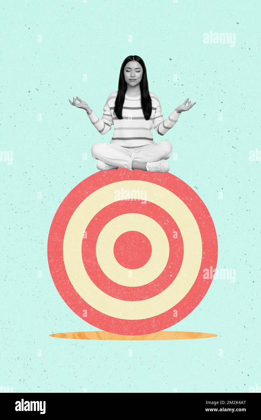 Creative trend collage of calm meditating young woman sitting big darts ...