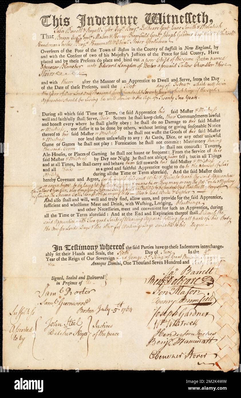 Document of indenture: Servant: Blancher, Ebenezer. Master: Langdon ...
