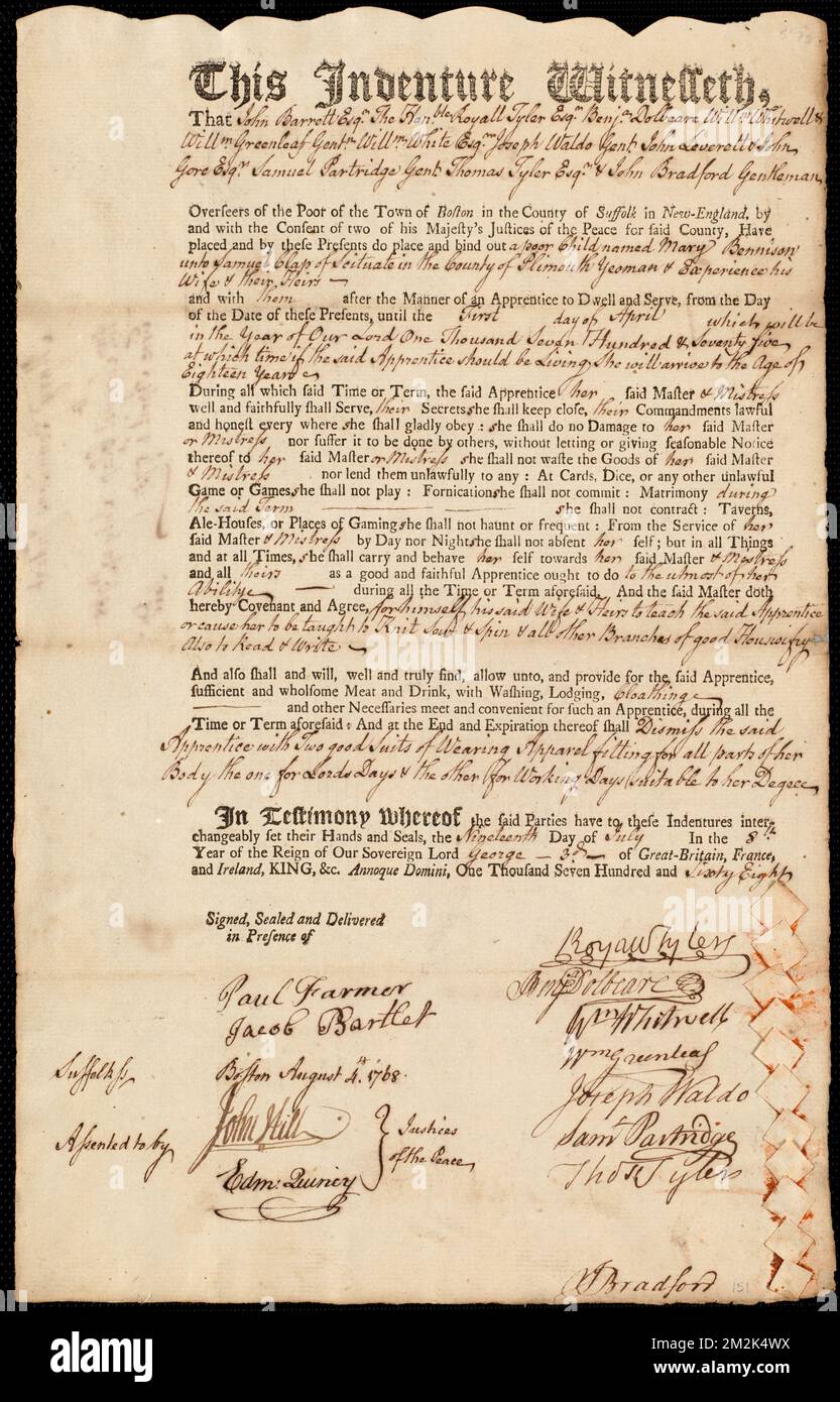 Document of indenture: Servant: Bennison, Mary. Master: Clap, Samuel ...