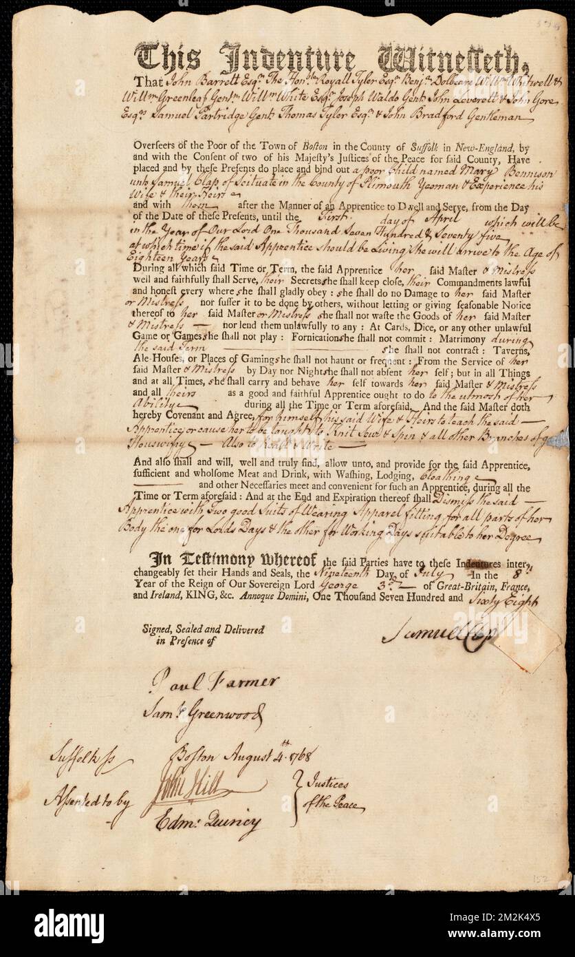 Document of indenture: Servant: Bennison, Mary. Master: Clap, Samuel ...