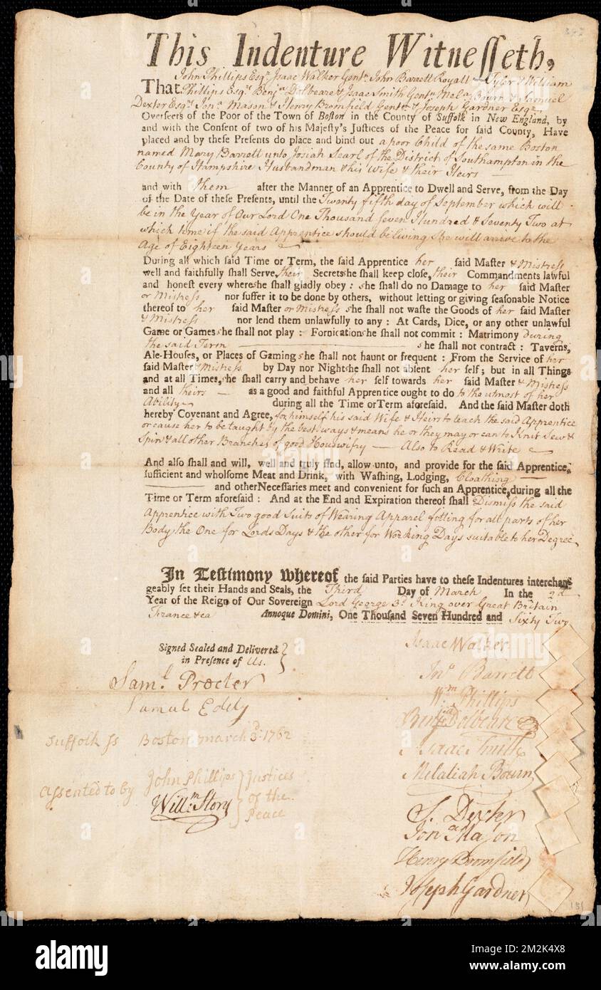 Document of indenture: Servant: Barrett, Mary. Master: Searl, Josiah ...