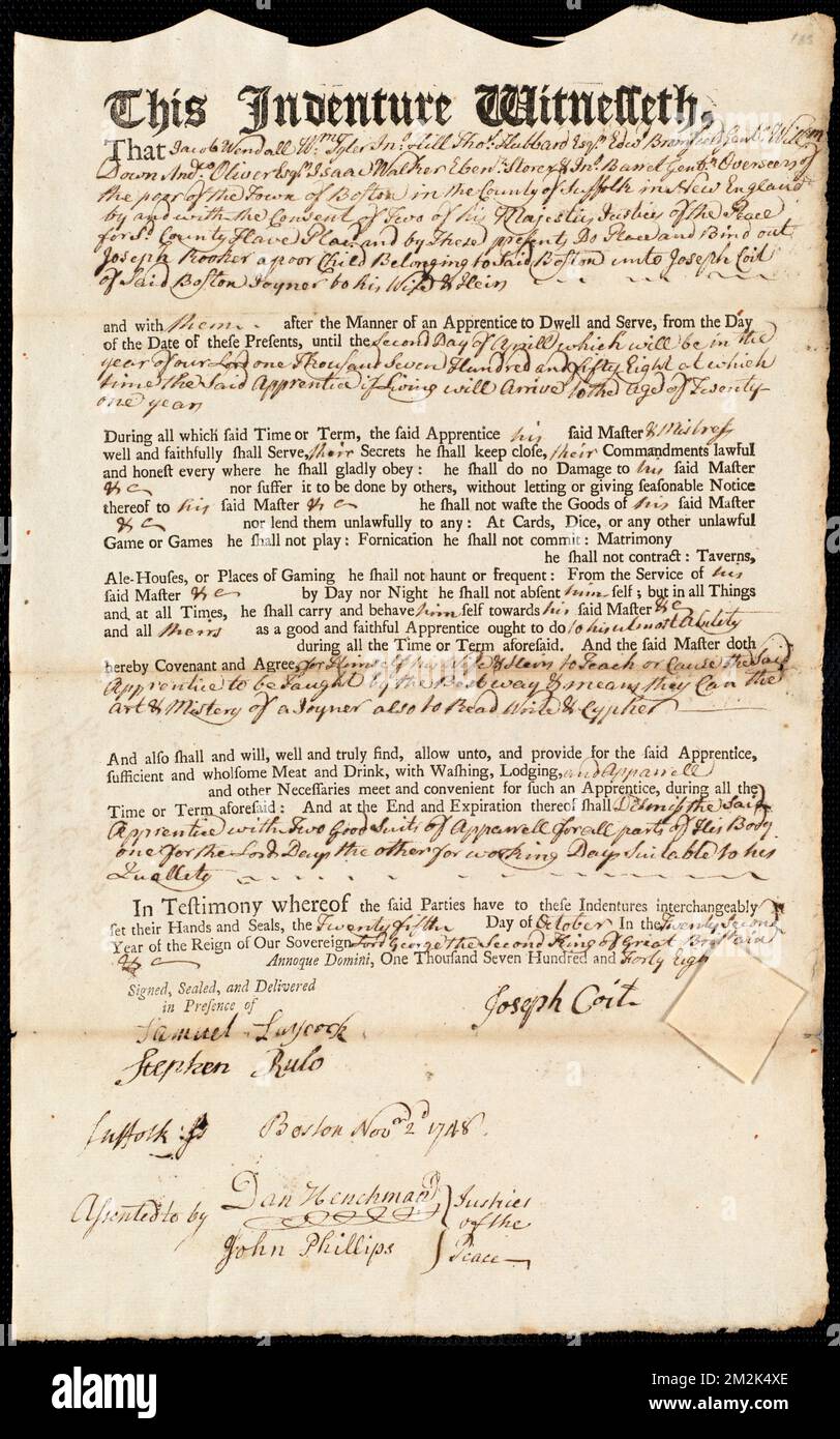 Document of indenture: Servant: Booker, Joseph. Master: Coit, Joseph ...