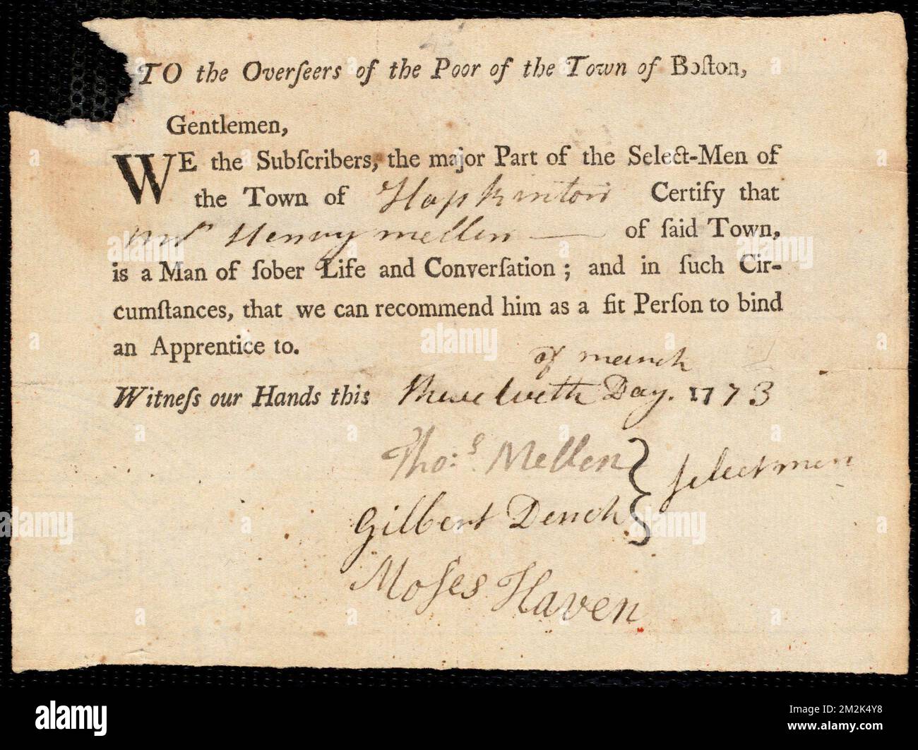 Document of indenture: Servant: Boardman, William. Master: Mellen ...