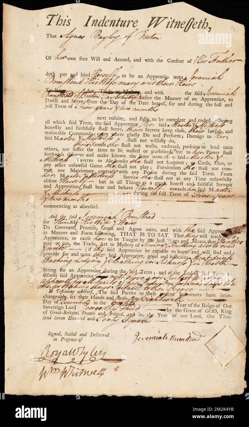 Document of indenture: Servant: Bayley, Agness [Agnes]. Master ...