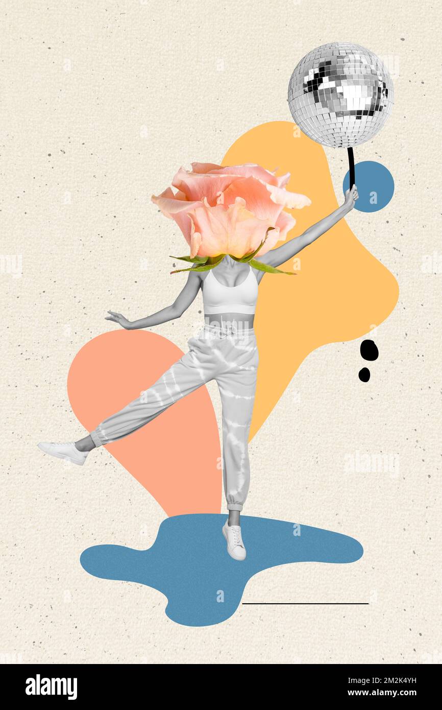 Vertical collage picture of black white gamma girl jumping rose flower ...