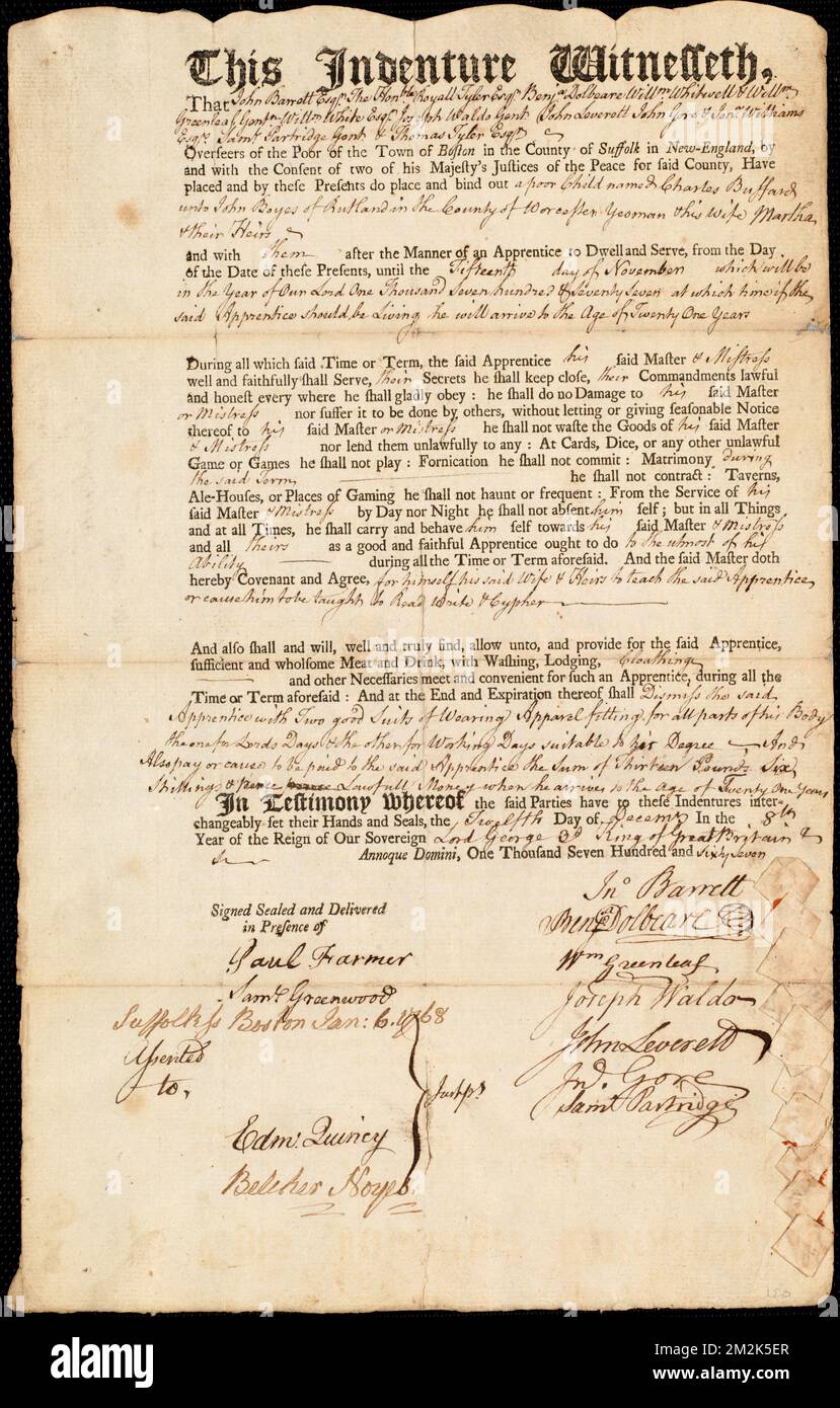 Document of indenture: Servant: Buffard, Charles. Master: Boyes, John ...