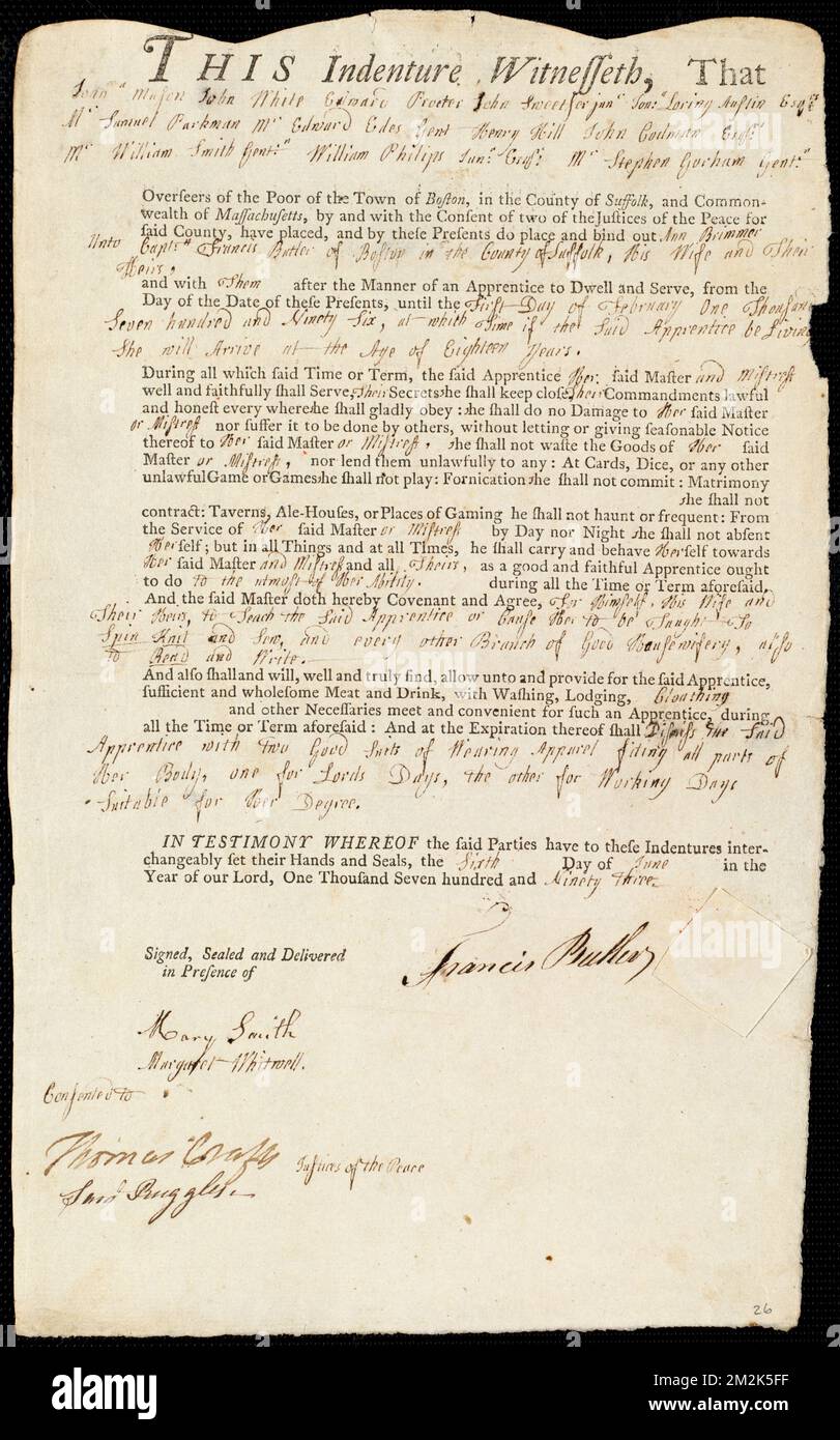 Document of indenture: Servant: Brimmer, Ann. Master: Butler, Francis ...