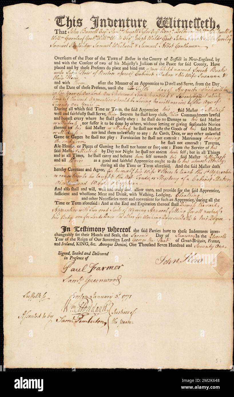 Document of indenture: Servant: Burke, Josiah. Master: Hon [How], John ...