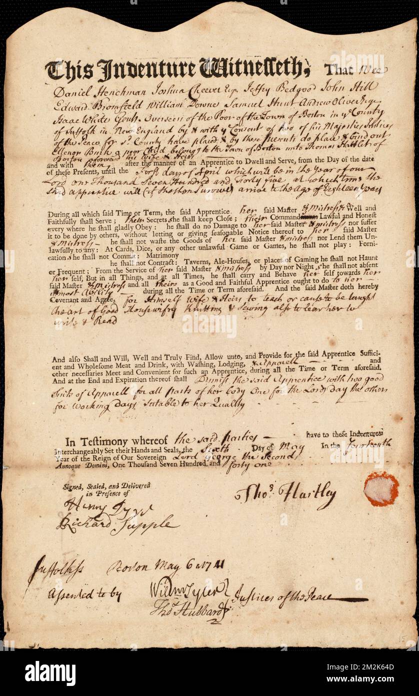 Document of indenture: Servant: Burke [Burk], Ellenor. Master: Hartley ...