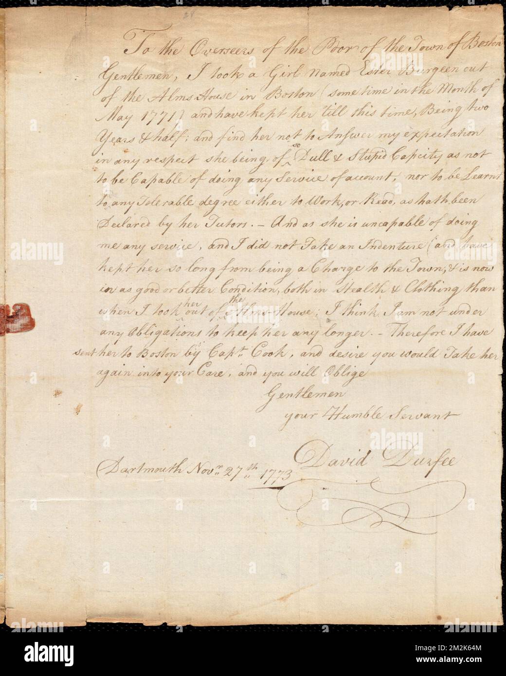 Document of indenture: Servant: Burgean, Esther. Master: Durfee [Durfy ...