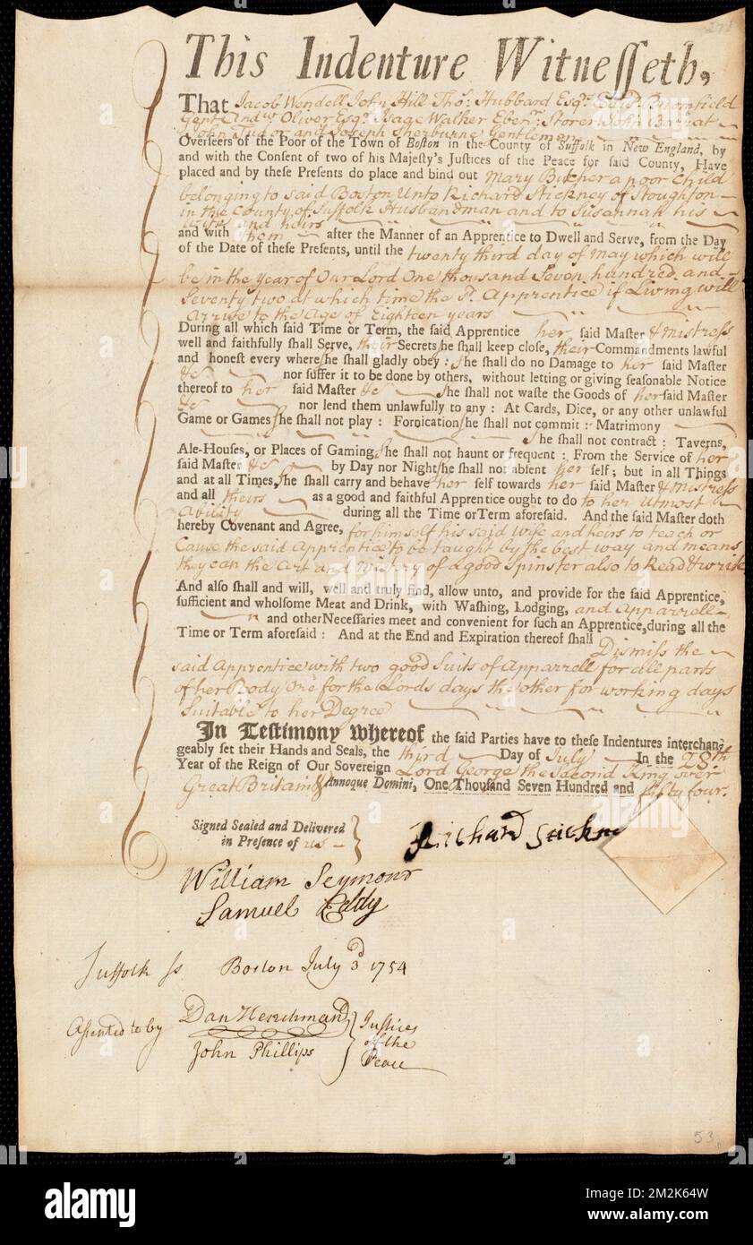 Document of indenture: Servant: Butcher, Mary. Master: Stickney ...