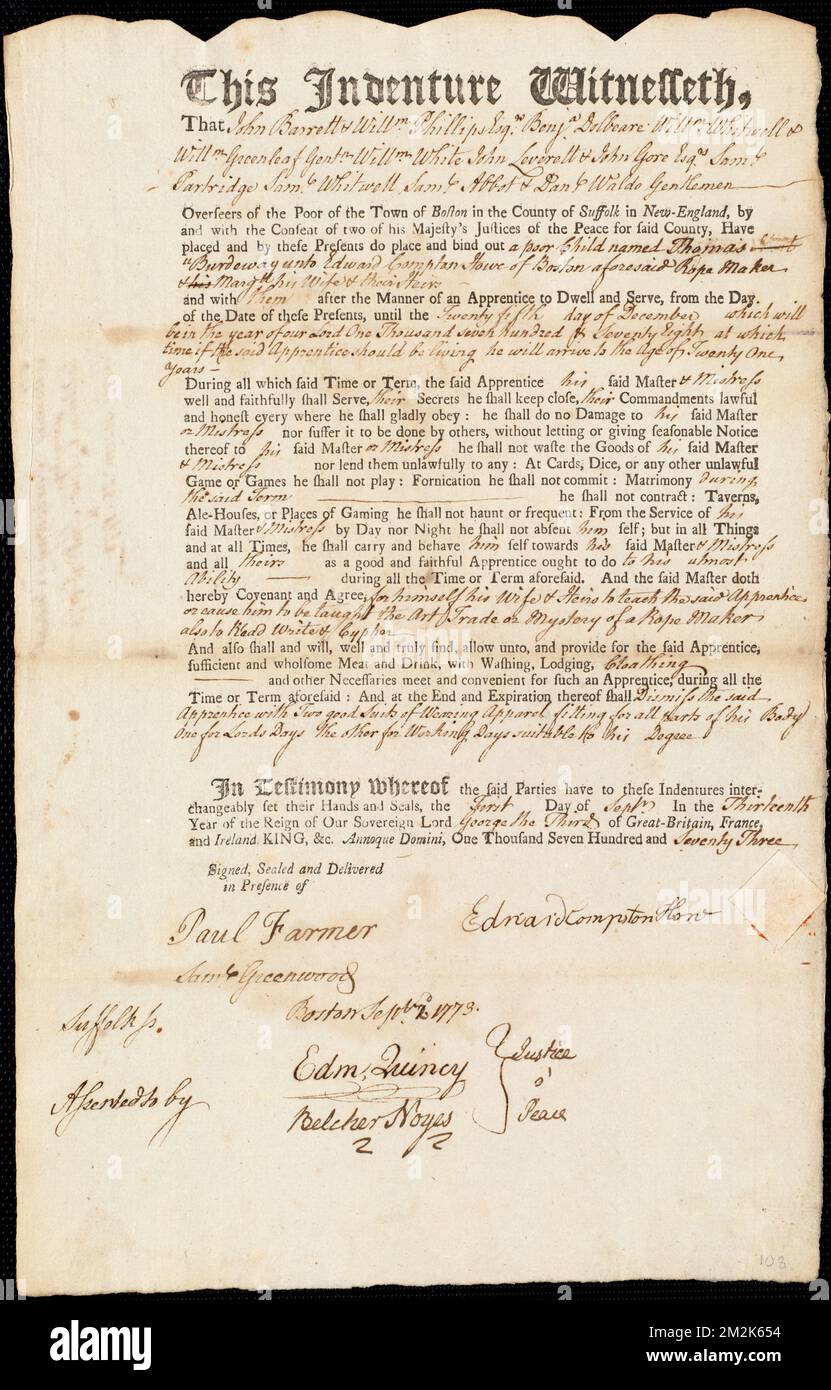 Document of indenture: Servant: Burdeway, Thomas. Master: Howe, Edward ...