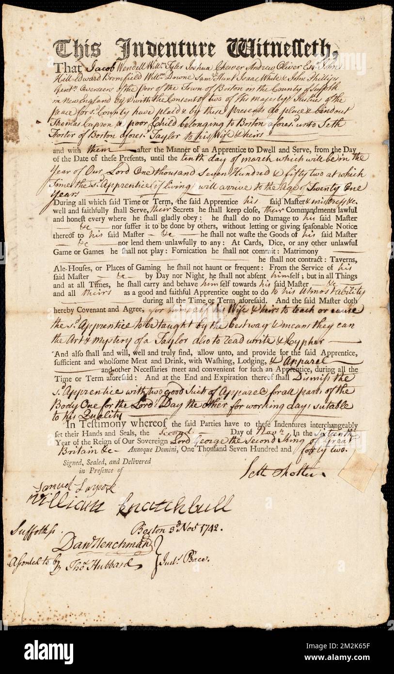 Document of indenture: Servant: Capron, Thomas. Master: Foster, Seth ...
