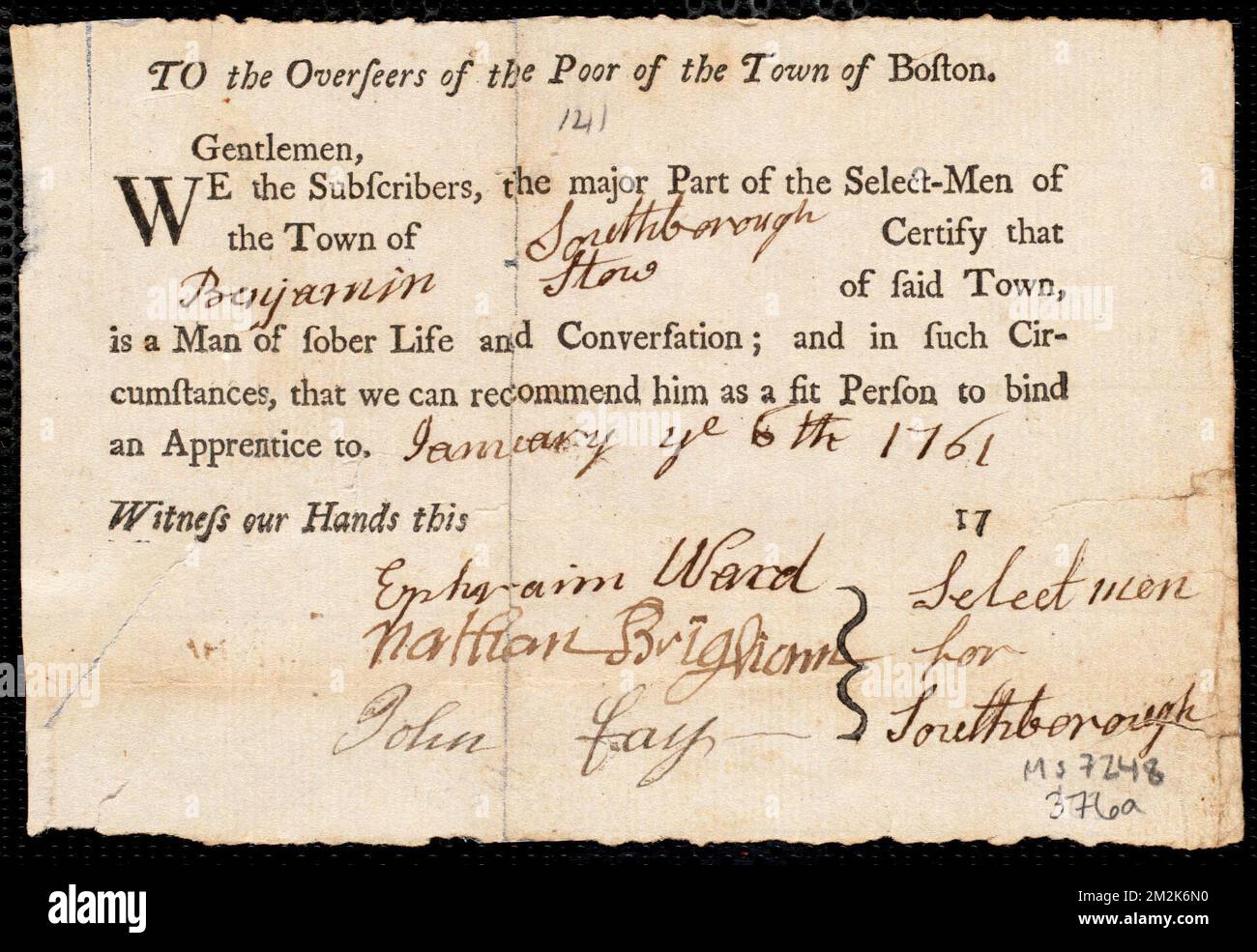 Document of indenture: Servant: Caryl, Thomas. Master: Stow, Benjamin ...