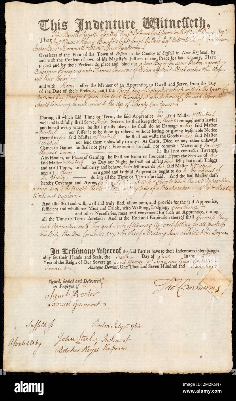 Document of indenture: Servant: Champney, Benjamin. Master: Emmons ...
