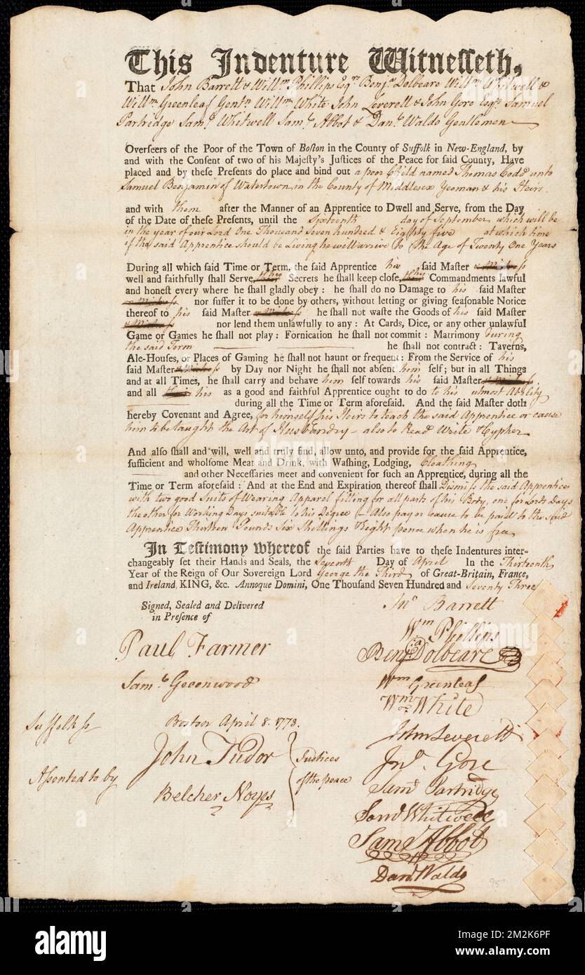 Document of indenture: Servant: Codd, Thomas. Master: Benjamin, Samuel ...