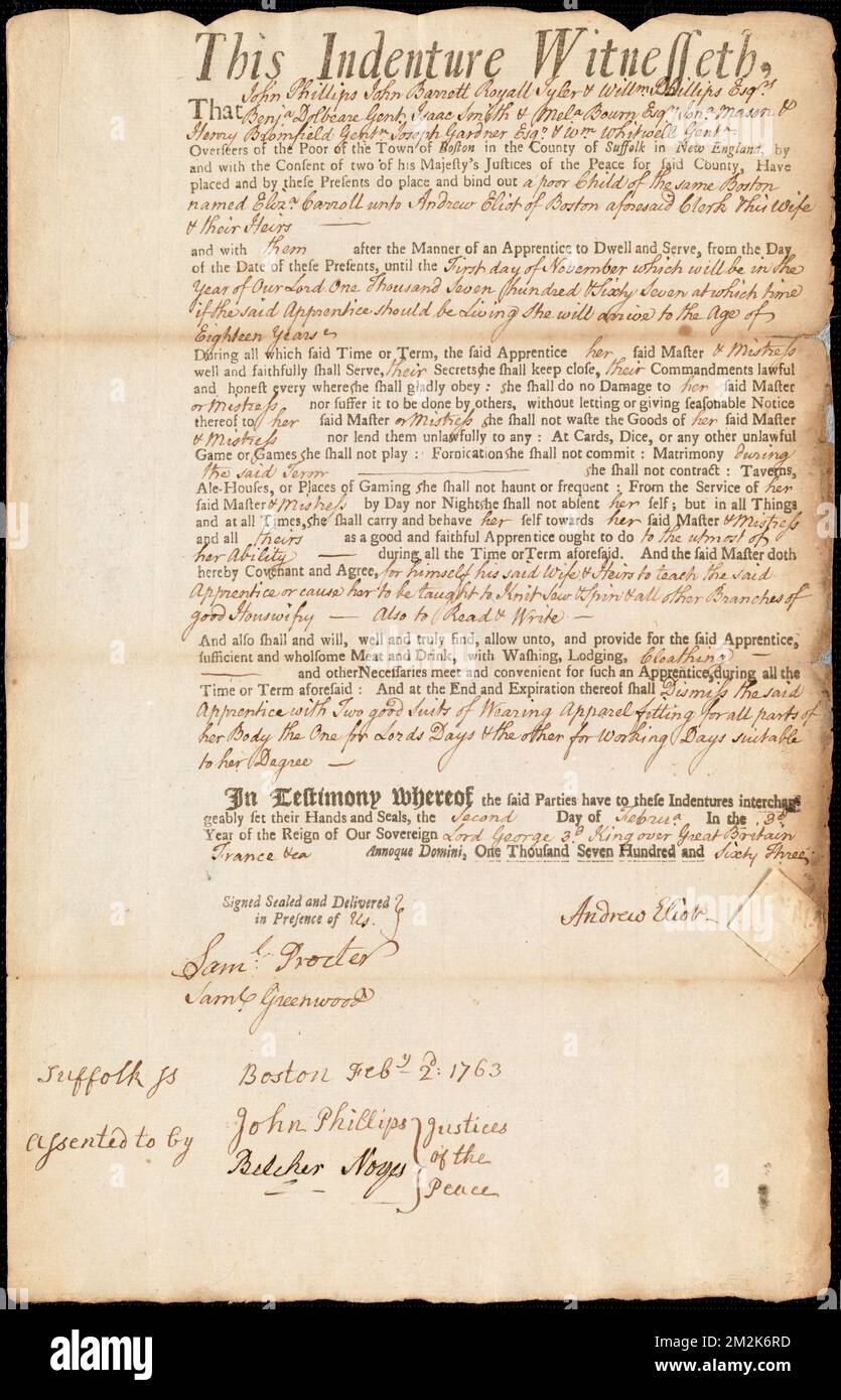 Document of indenture: Servant: Carroll, Elizabeth. Master: Eliot ...