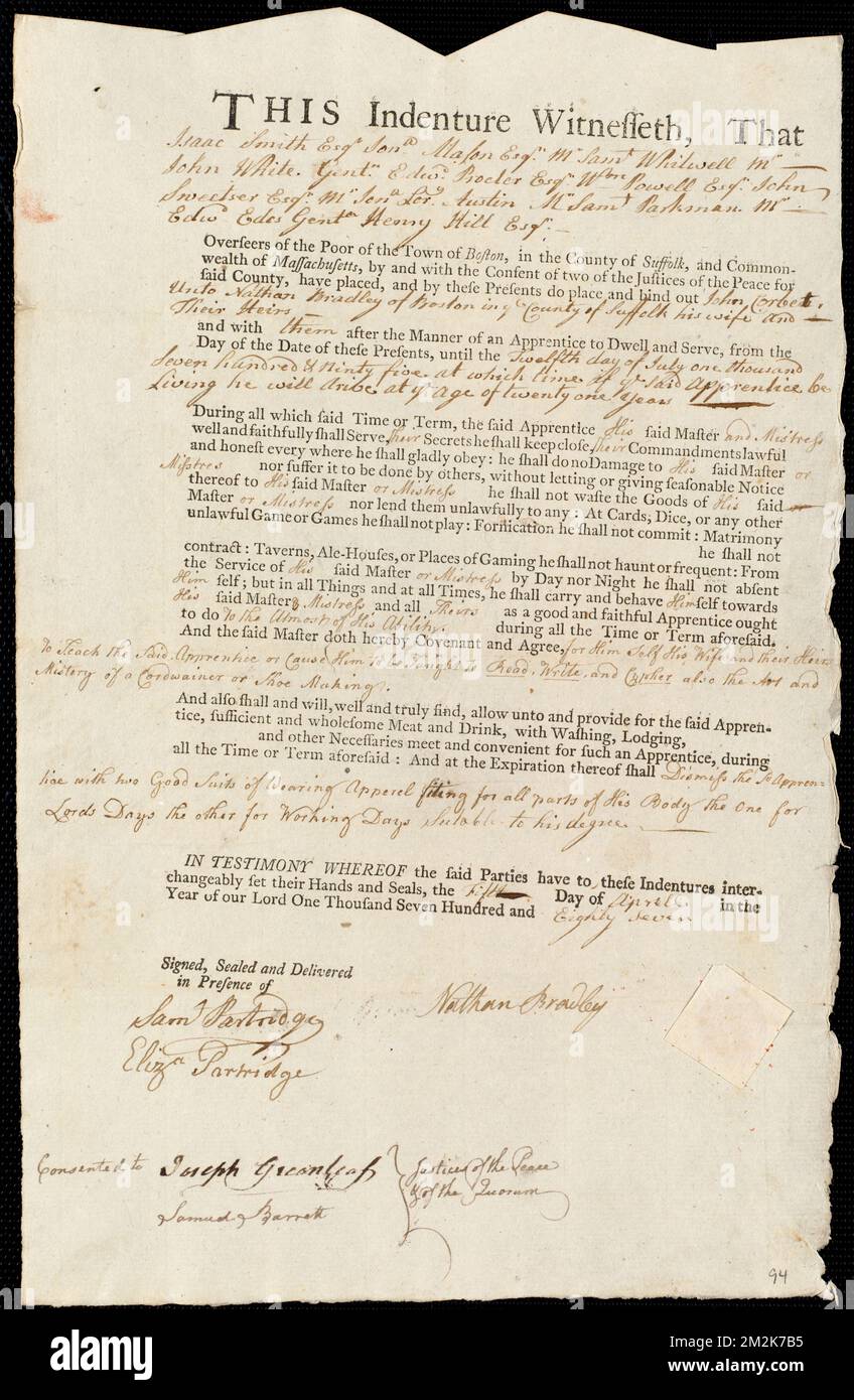 Document of indenture: Servant: Corbet, John. Master: Bradley, Nathan ...