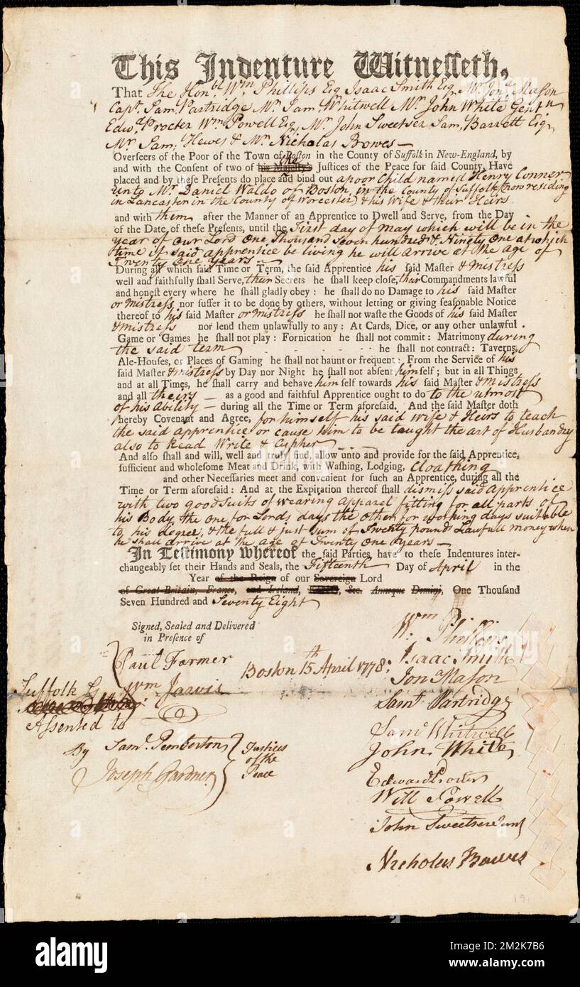Document of indenture: Servant: Conner, Henry. Master: Waldo, Daniel ...