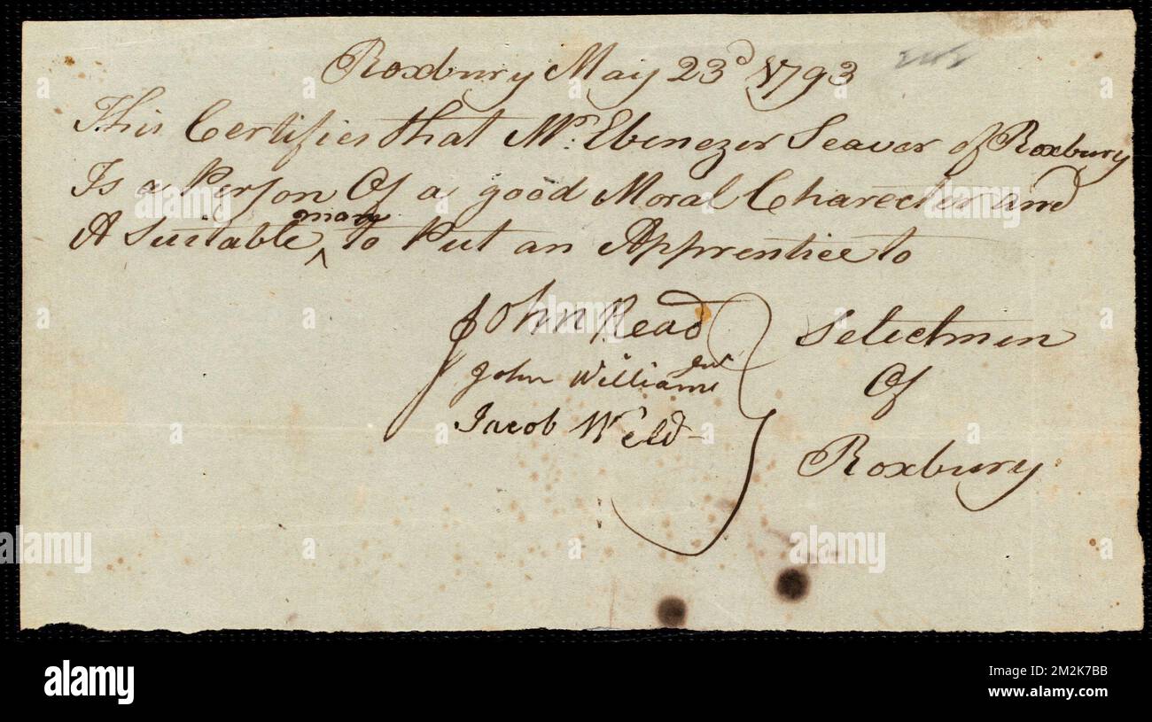 Document of indenture: Servant: Cooney, Ann. Master: Seaver, Ebenezer ...