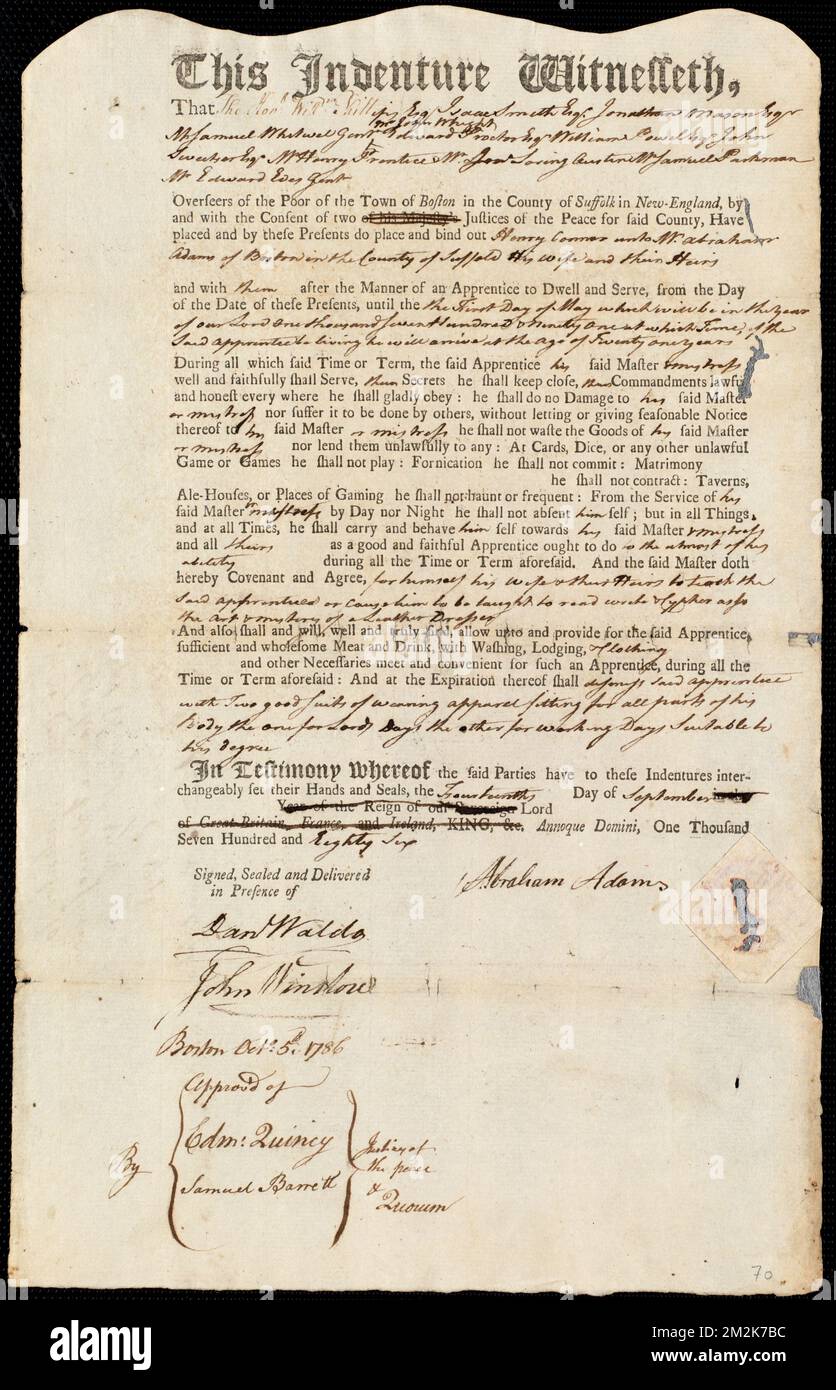 Document of indenture: Servant: Conner, Henry. Master: Adams, Abraham ...