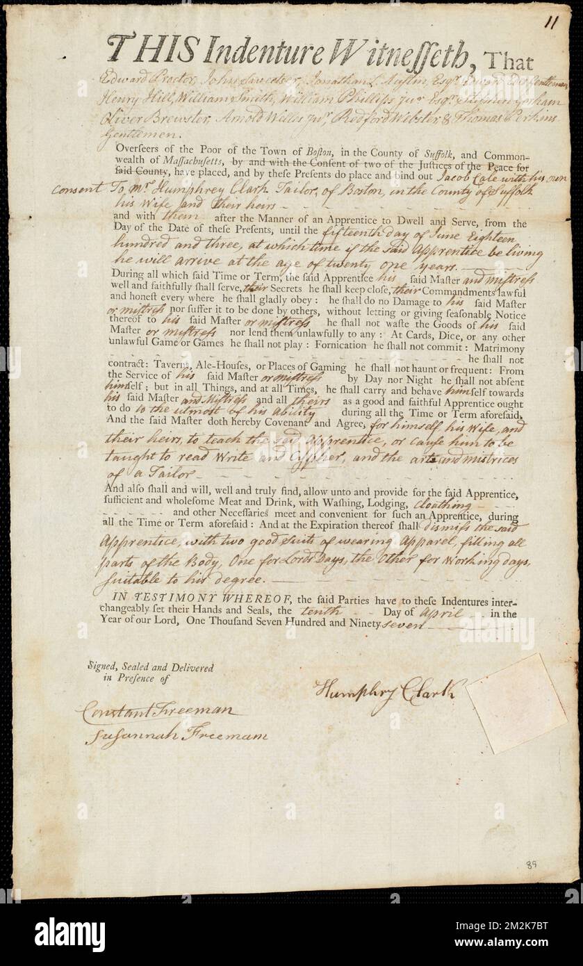Document of indenture: Servant: Cole, Jacob. Master: Clark, Humphrey ...