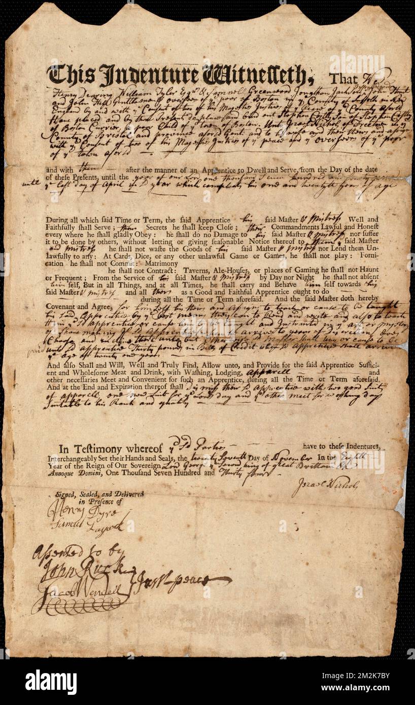 Document of indenture: Servant: Cortly, Stephen. Master: Nichols ...