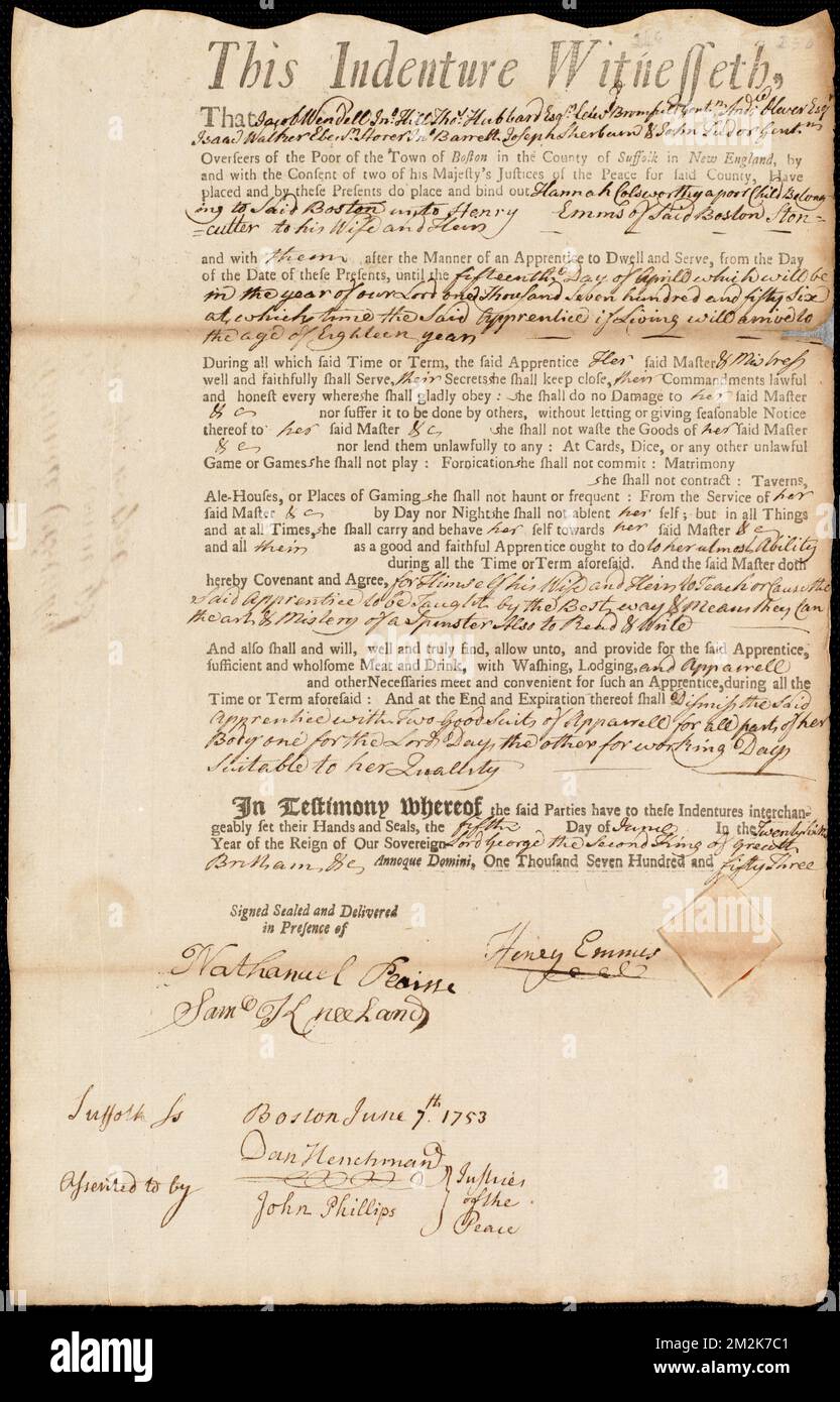 Document of indenture: Servant: Colsworthy, Hannah. Master: Emmis ...