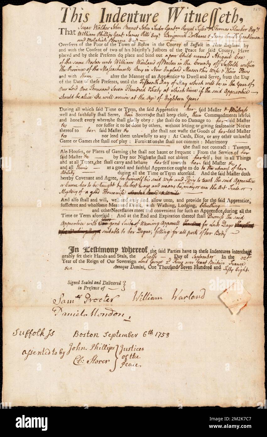 Document of indenture: Servant: Cox, Abigail. Master: Warland, William ...
