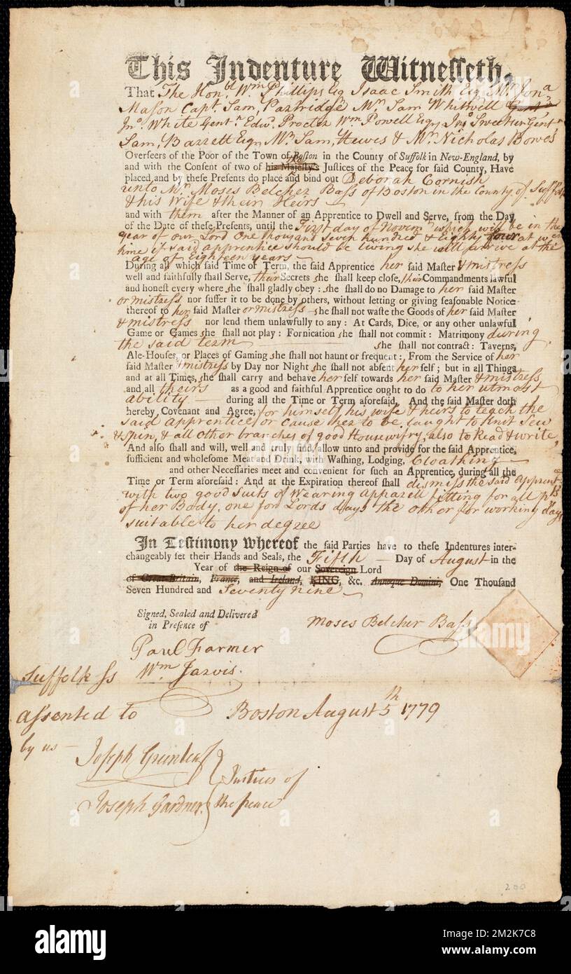 Document of indenture: Servant: Cornish, Deborah. Master: Bass, Moses ...