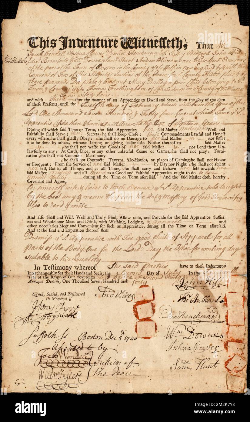 Document of indenture: Servant: Dalley, Mary. Master: Frothingham ...