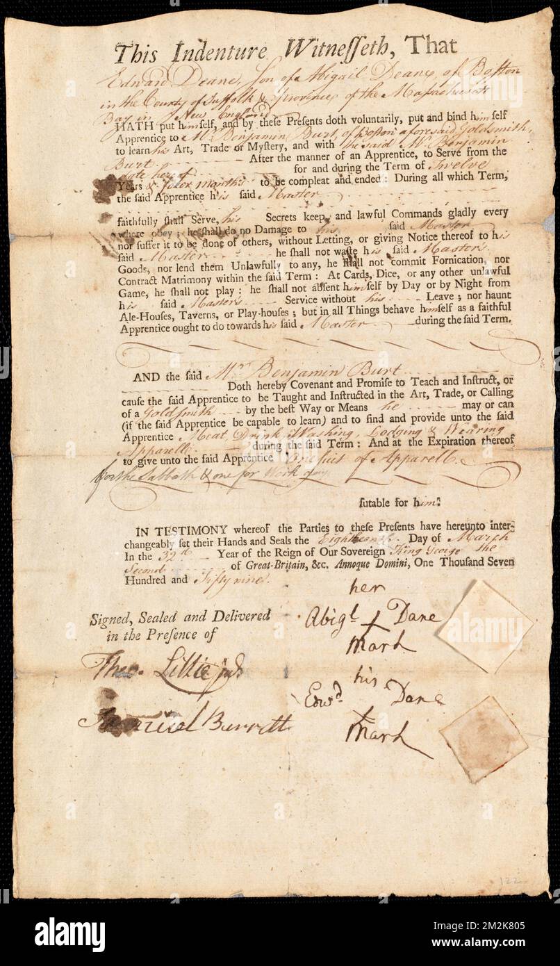 Document of indenture: Servant: Dane [Deane], Edward. Master: Burt ...