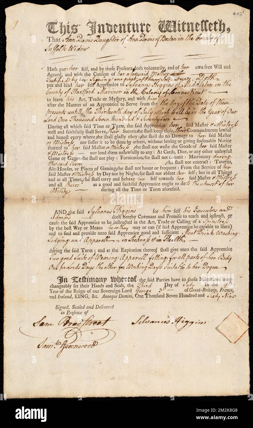 Document of indenture: Servant: Davis, Ann. Master: Higgins, Sylvanus ...