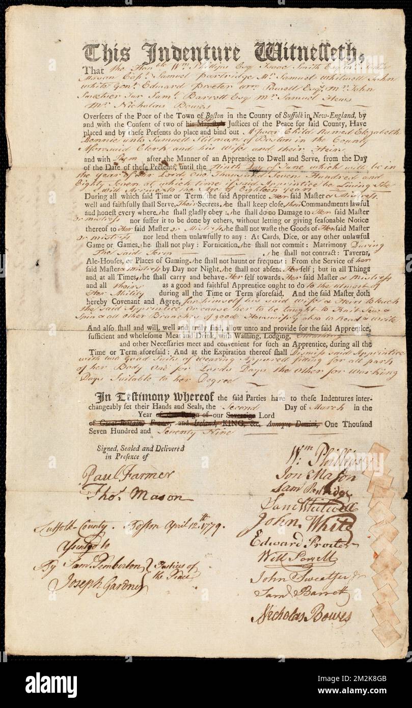 Document of indenture: Servant: Dennie, Elizabeth. Master: Stillman ...