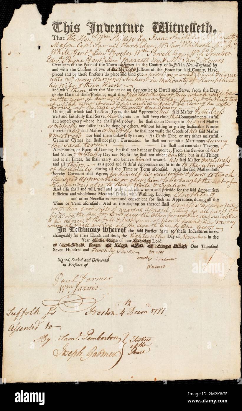Document of indenture: Servant: Delarue, Samuel. Master: Warner, Moses ...