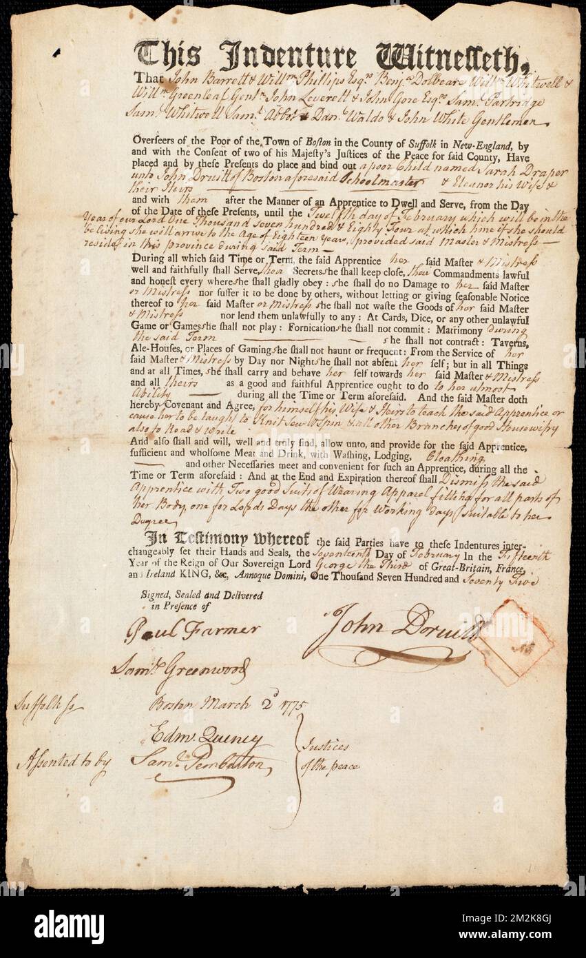 Document of indenture: Servant: Draper, Sarah. Master: Druitt, John ...