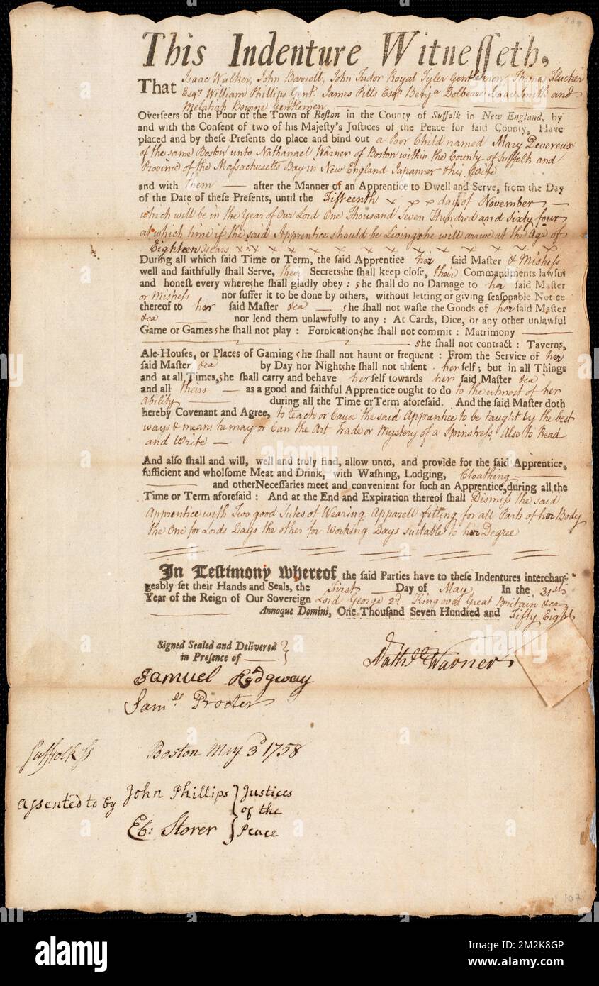 Document of indenture: Servant: Devereux, Mary. Master: Warner ...