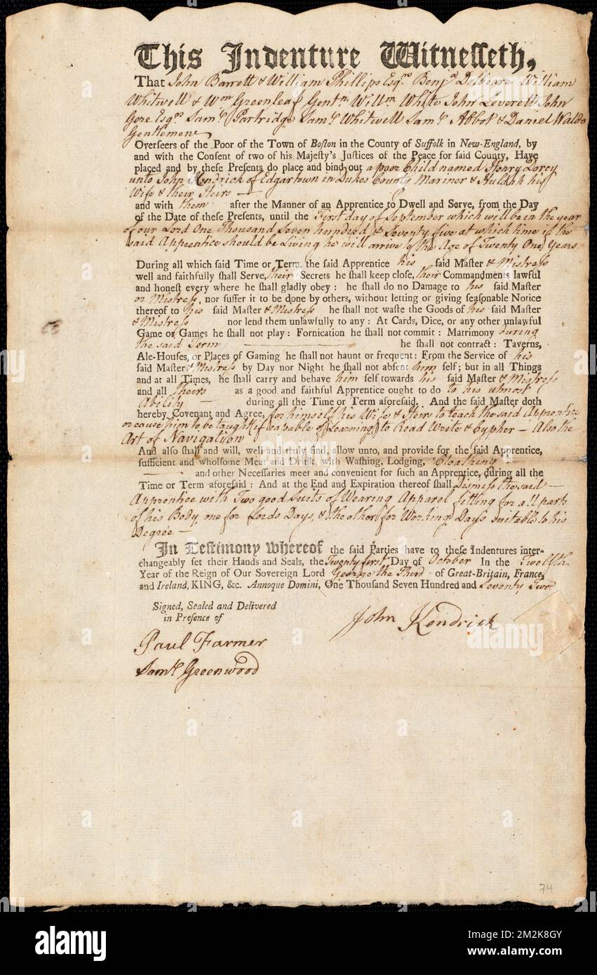 Document of indenture: Servant: Dorcy, Henry. Master: Kendrick, John ...