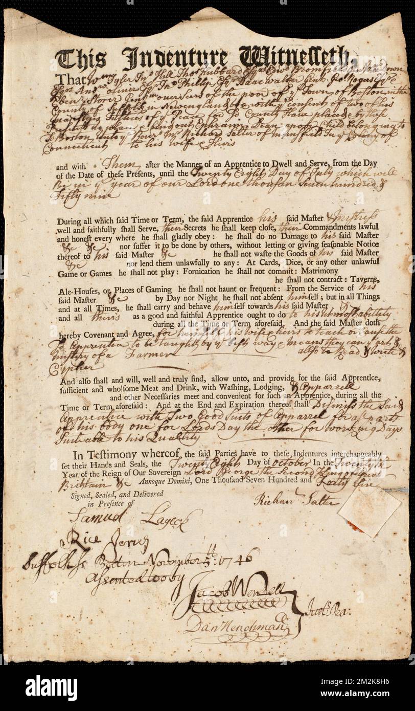 Document of indenture: Servant: Dean, Ephraim. Master: Salter, Richard ...