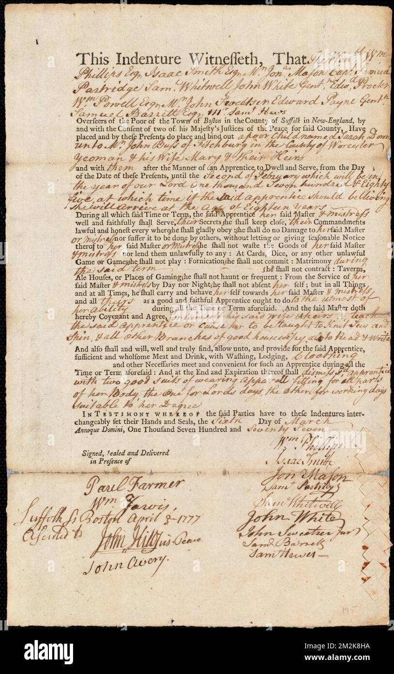 Document of indenture: Servant: Downes [Downs], Sarah. Master: Buss ...