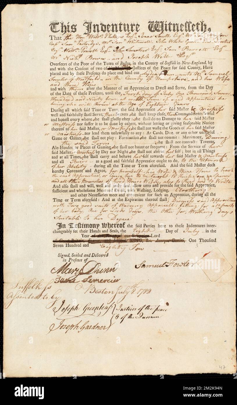 Document of indenture: Servant: Down, Lydia. Master: Fowler, Samuel ...