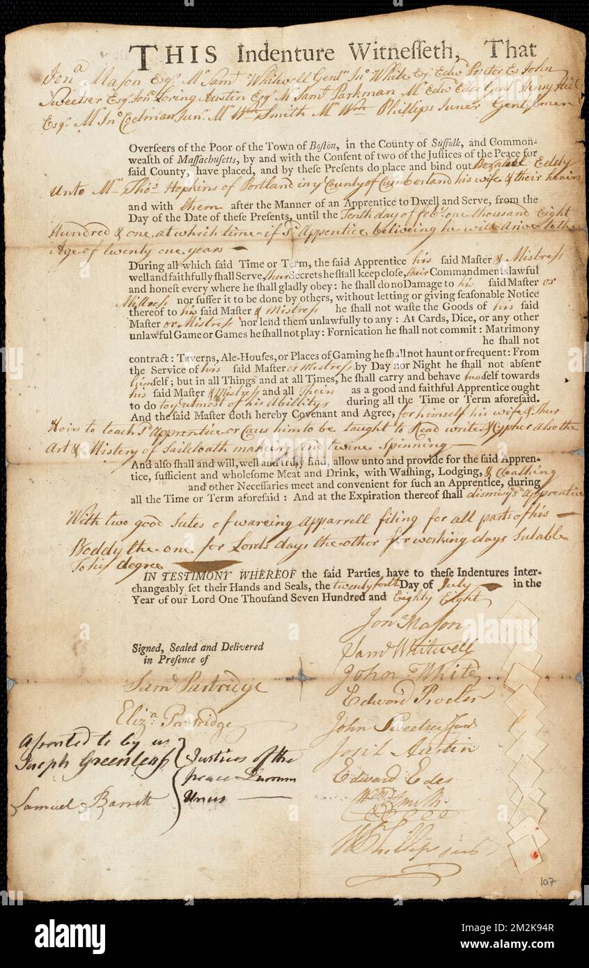 Document of indenture: Servant: Eddy, Bezaleel. Master: Hopkins, Thomas ...