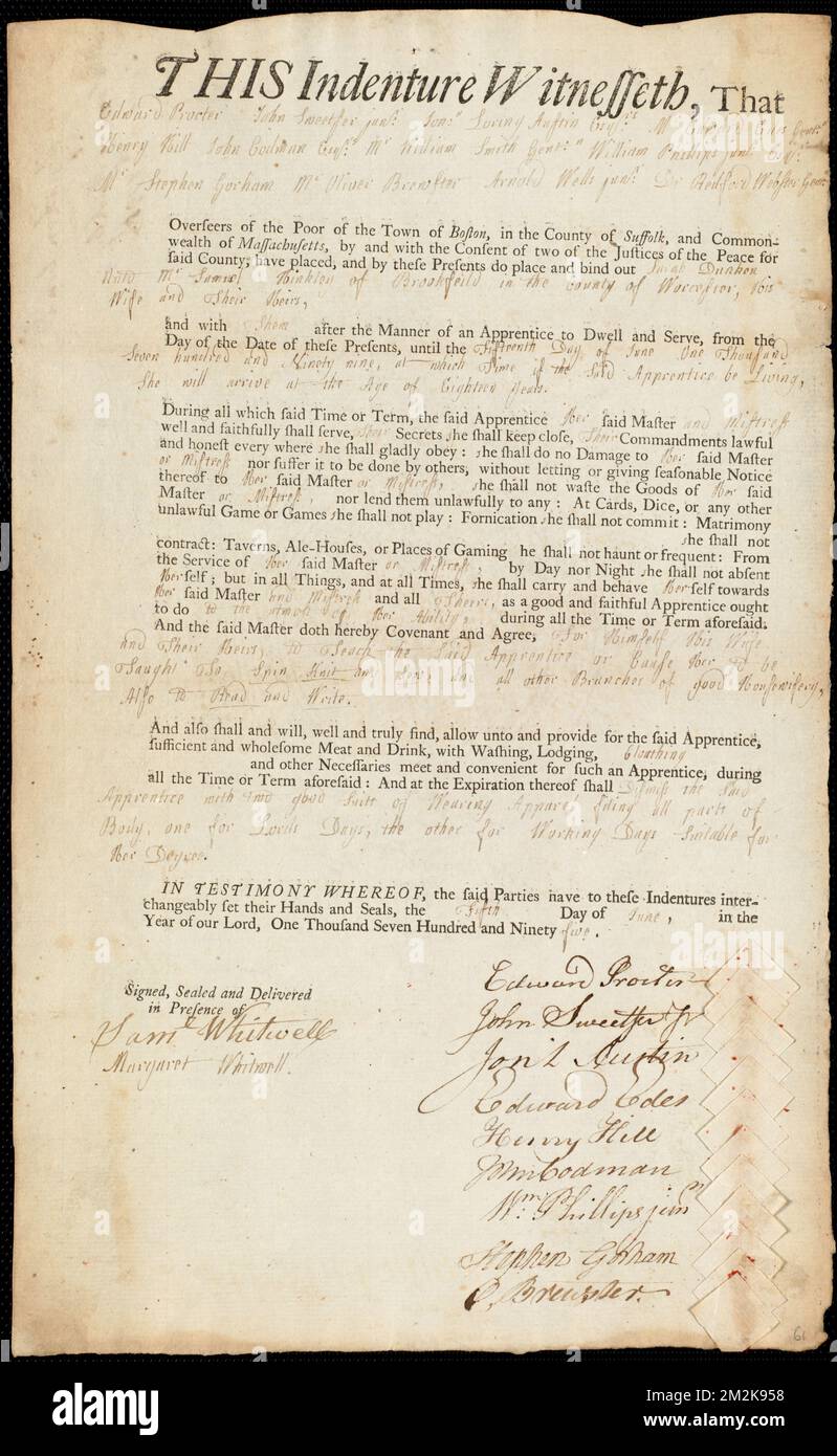 Document of indenture: Servant: Dunken, Sarah. Master: Hinckley ...