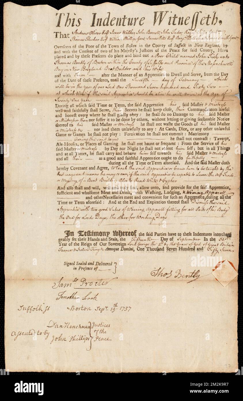 Document of indenture: Servant: Fisk, John. Master: Bently, Thomas ...