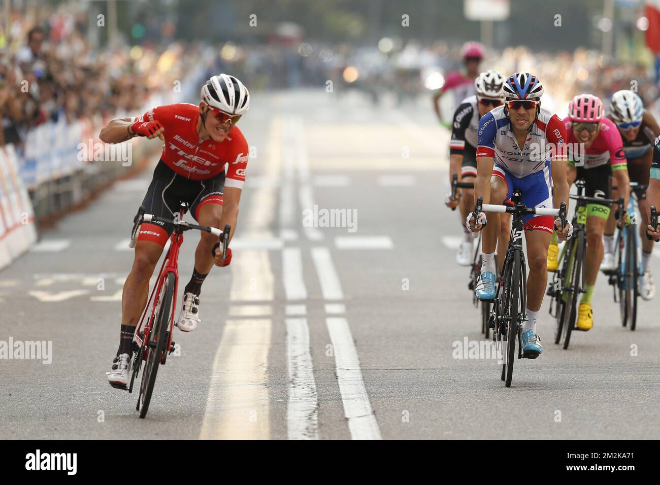 Winner Latvian Toms Skujins of Trek-Segafredo celebrates ahead of ...